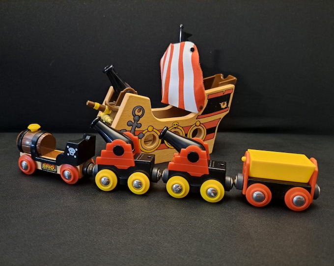 BRIO Rare Wooden PIRATE Ship & Trains Lot Imaginarium BRIO Pirate Wood ...