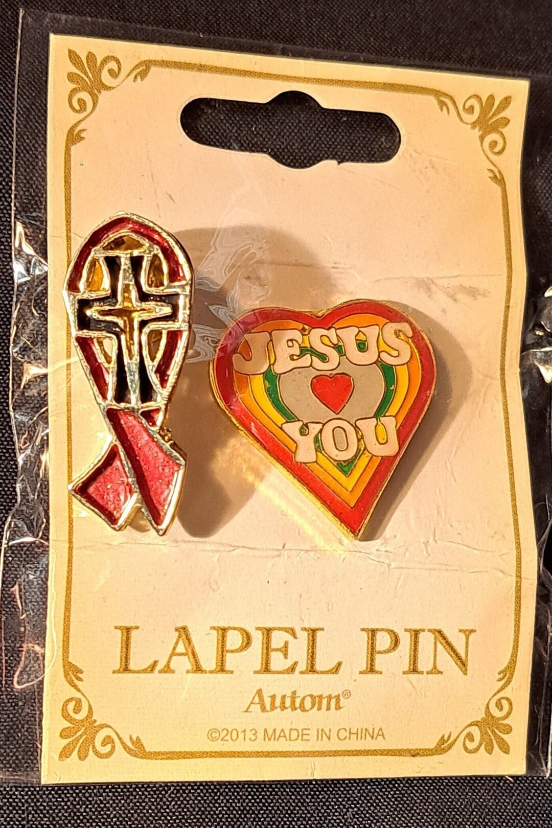 JESUS Loves You Pin Vintage Metal Lapel CROSS Red Ribbon Pins Christian ...