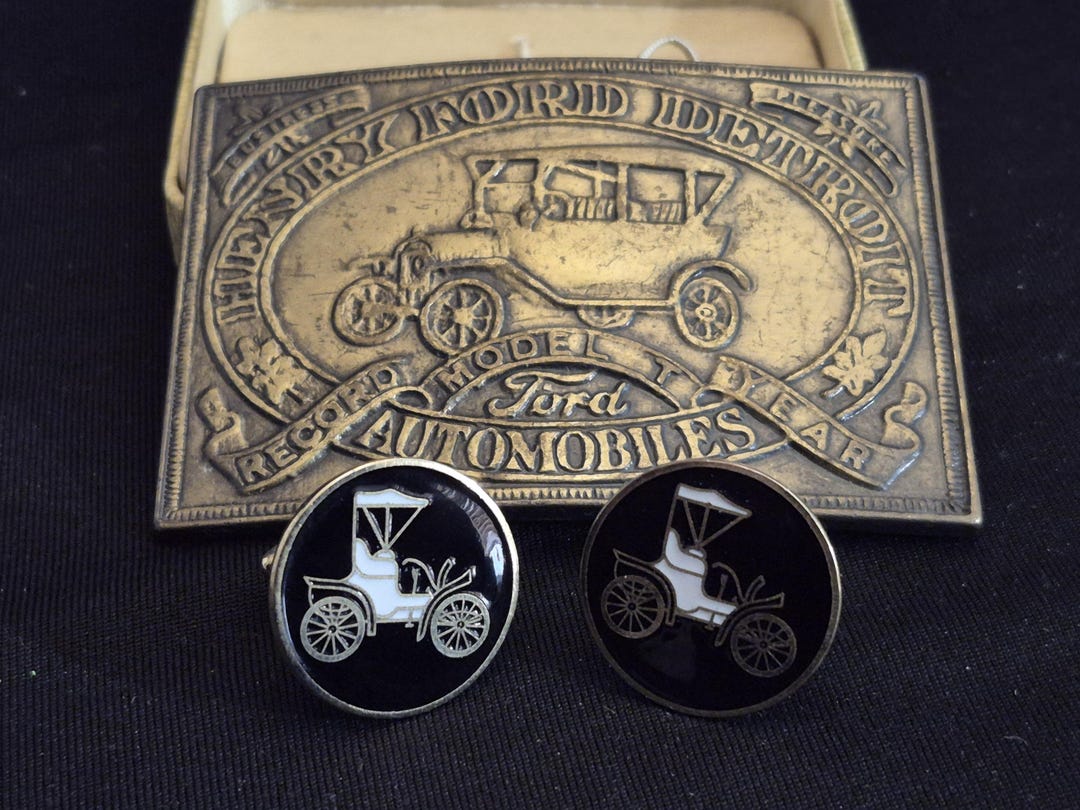 FORD Model T Belt Buckle & Car Cufflinks Black Enameled Gold Tone ...