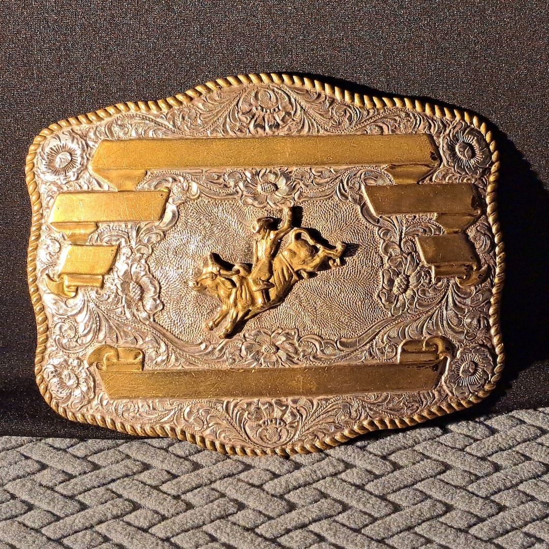 CRUMRINE Rodeo BIG Belt Buckle Huge Silver Bull Rider Cowboy Large Bull ...