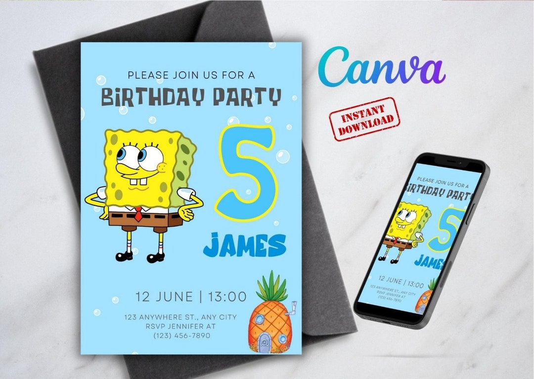 Editable Spongebob Birthday Invitation Template Printable - Etsy UK