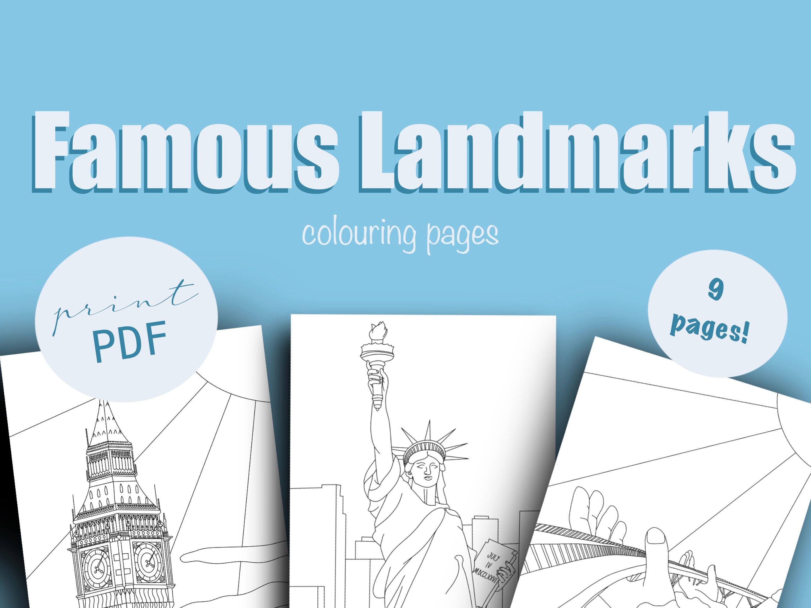 Famous Landmarks Digital Colouring Book / 9 Page Printable Coloring ...