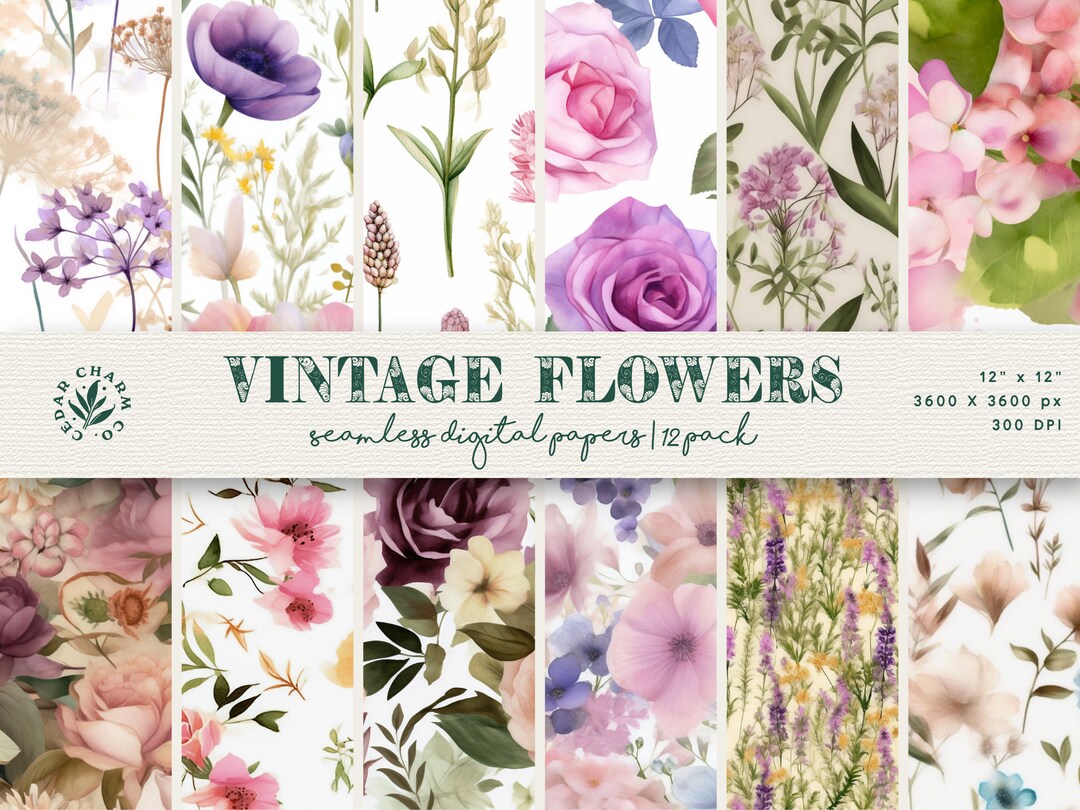 Vintage Flowers Digital Paper, Seamless Floral Patterns, Retro Prints ...