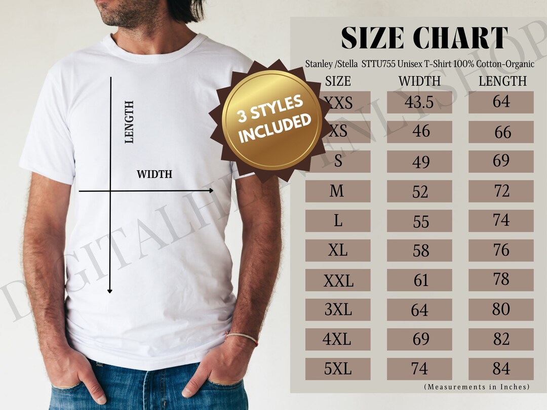Stanley Stella STTU755 Size Chart | Male Model Sizing Chart Mockup ...