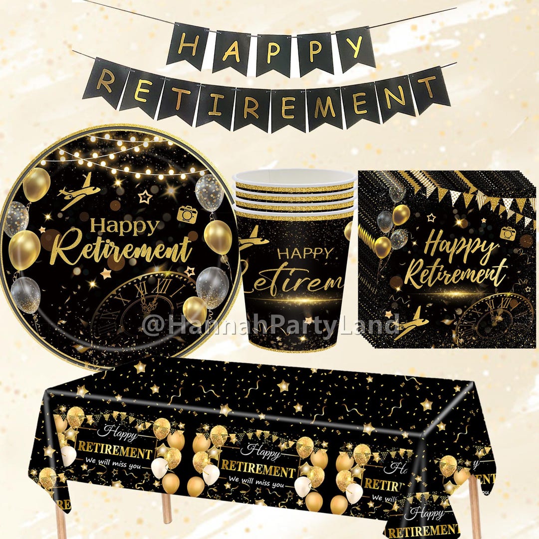 Happy Retirement Party Supplies Plates Napkin Cup Table Cloth Banner ...
