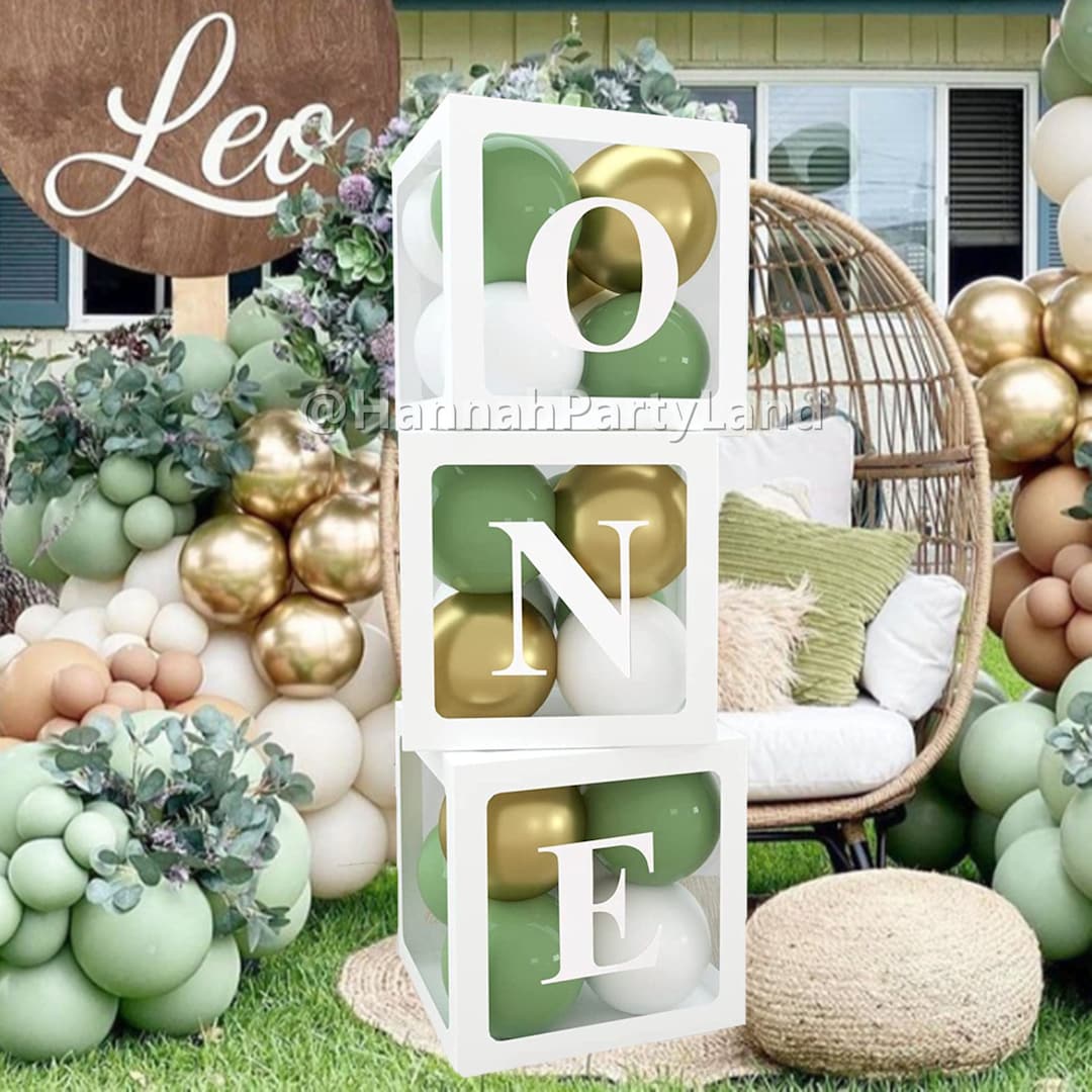 1st Birthday Decorations ONE Blocks O N E Box Balloon, Pink Eucalyptus ...