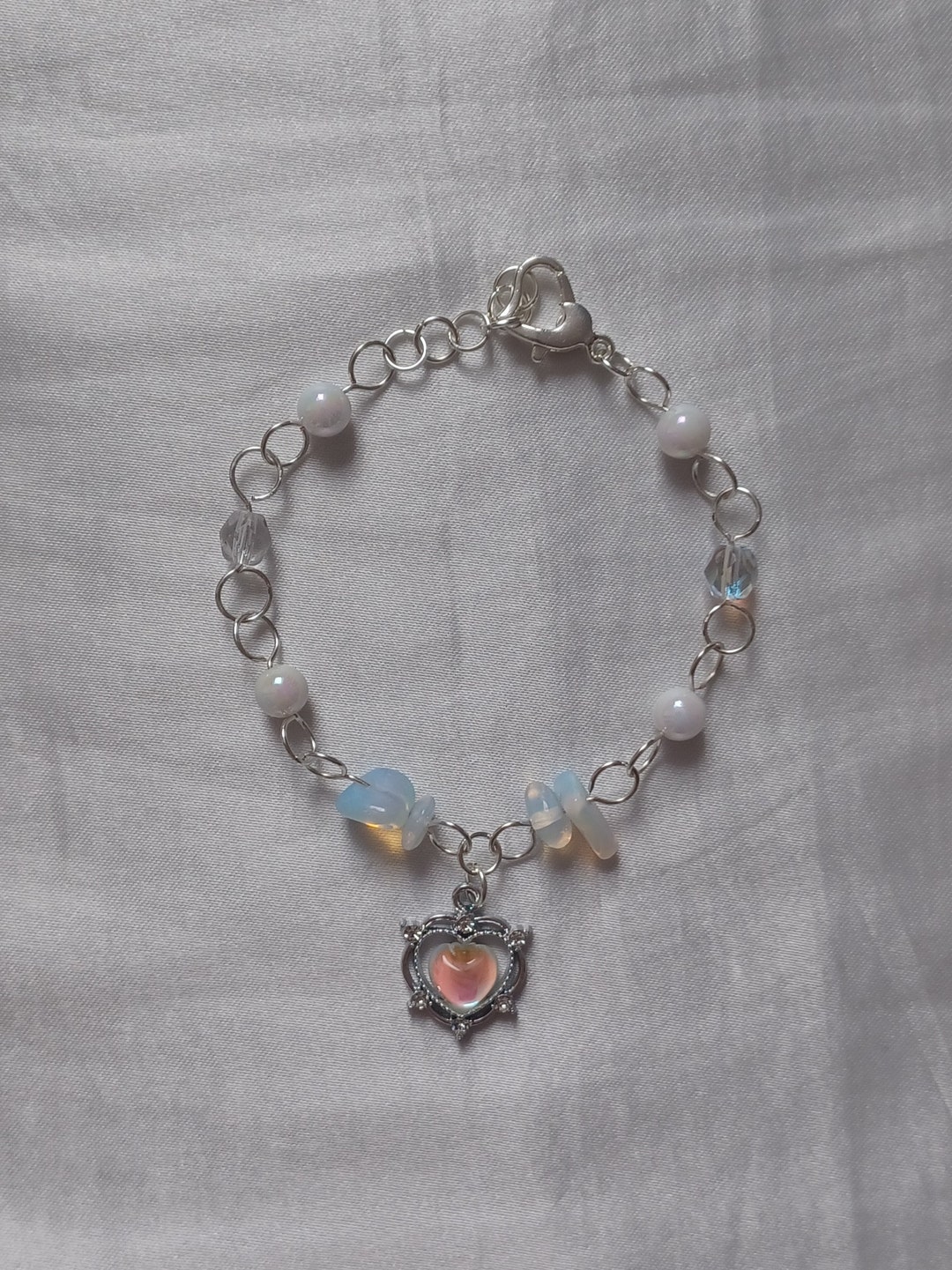 Handmade Cluttered White, Pearl Heart Metal Charm Y2K Coquette Beaded ...