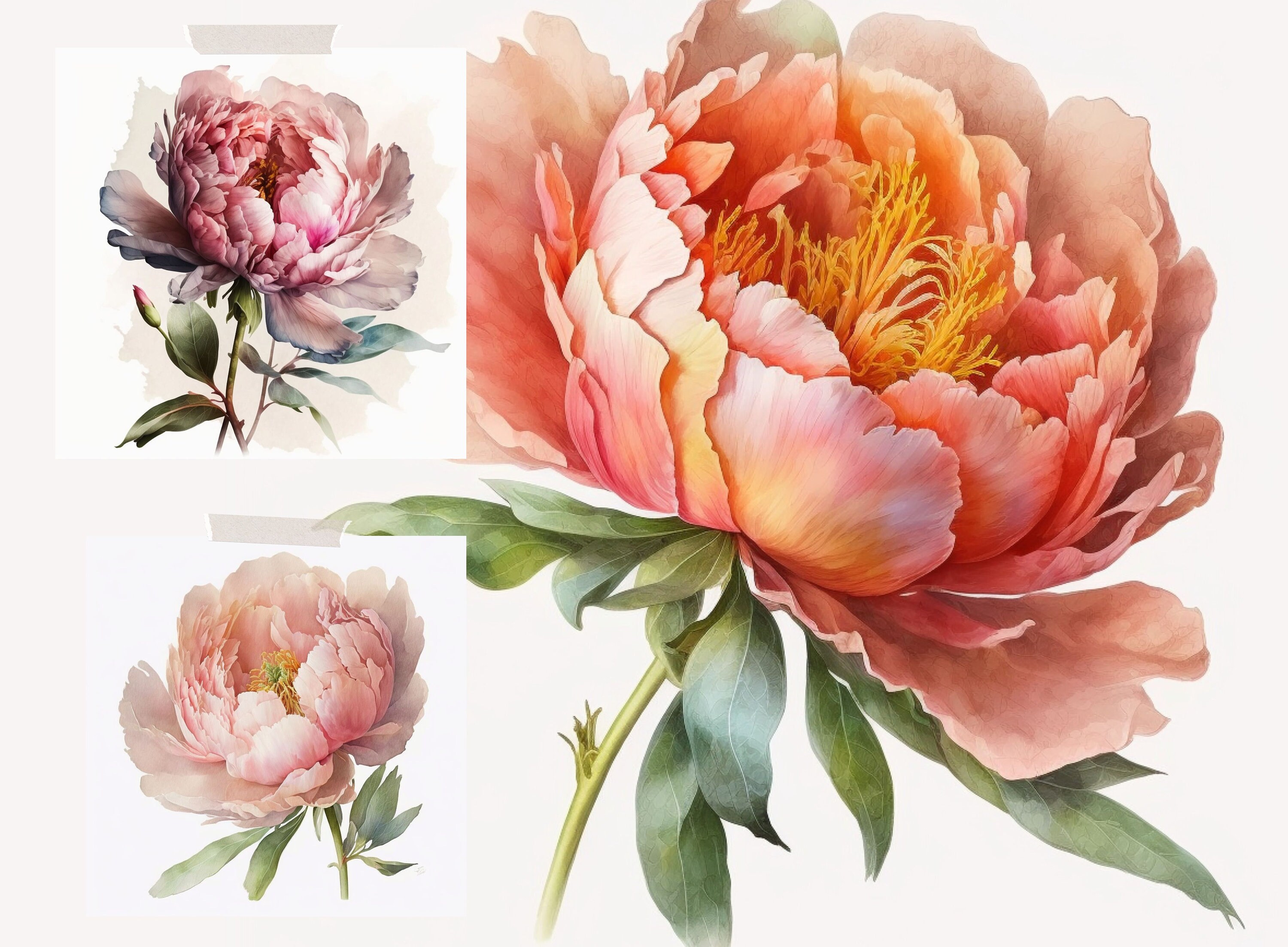 Watercolor Pink Peony Clip Art Collage Sheet Digital Paper - Etsy