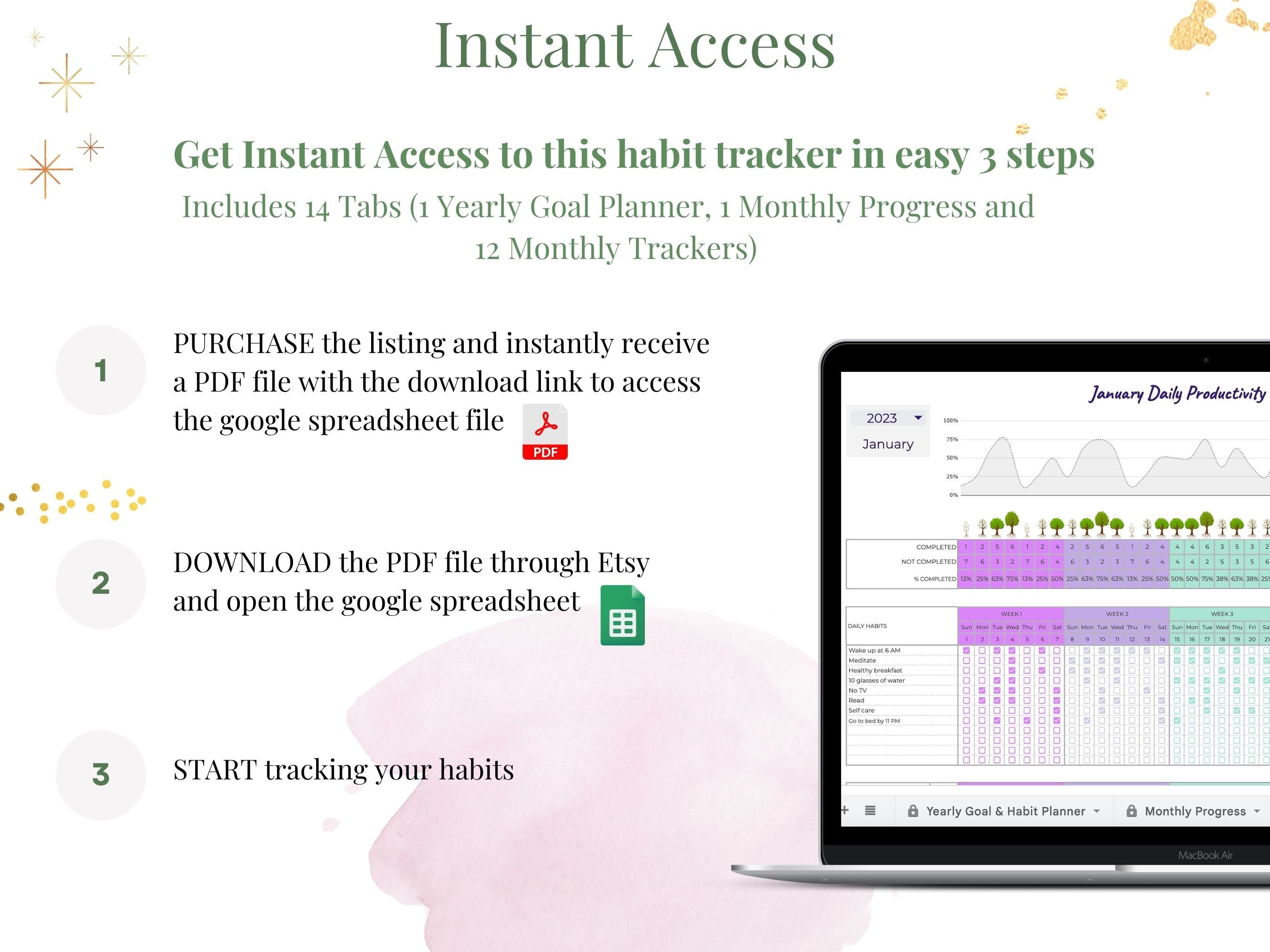 Habit Tracker Spreadsheet: Daily Goal Setting in Google Sheets (digital ...