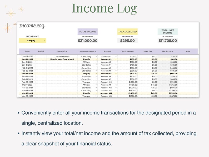Easy Bookkeeping Spreadsheet Template, Digital Income Expense Tracker ...