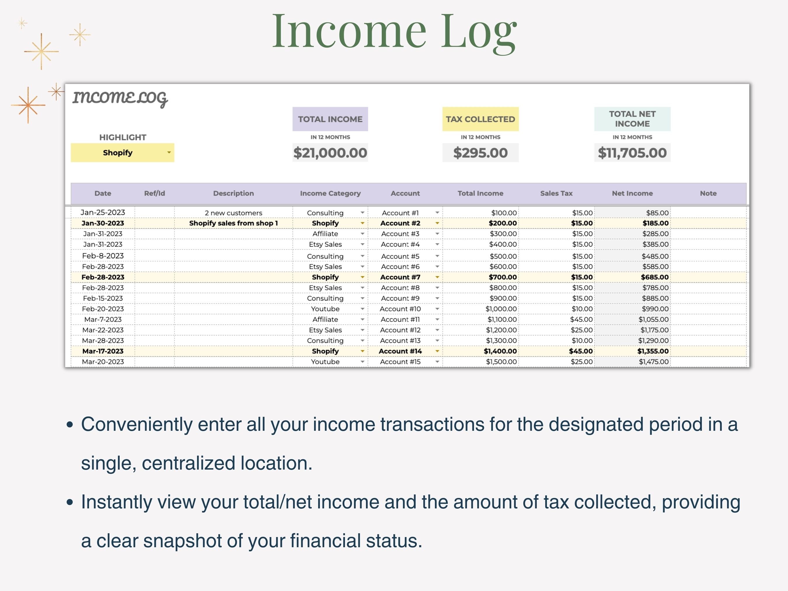 Easy Bookkeeping Spreadsheet Template, Digital Income Expense Tracker ...