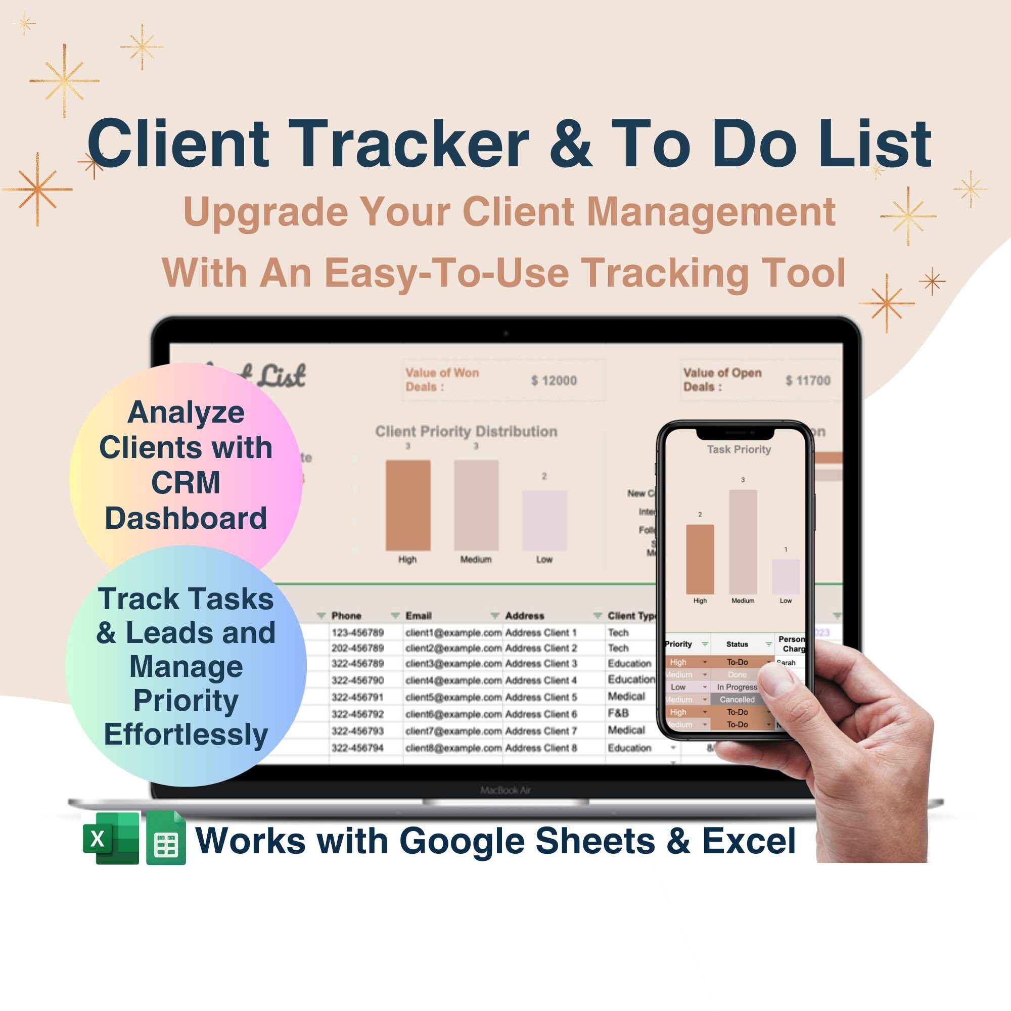 Client Tracker Spreadsheet for Google Sheets and Excel, Small Business ...