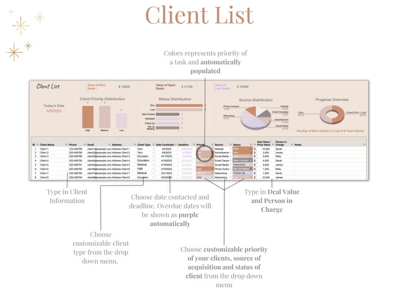 Client Tracker Spreadsheet for Google Sheets and Excel, Small Business ...