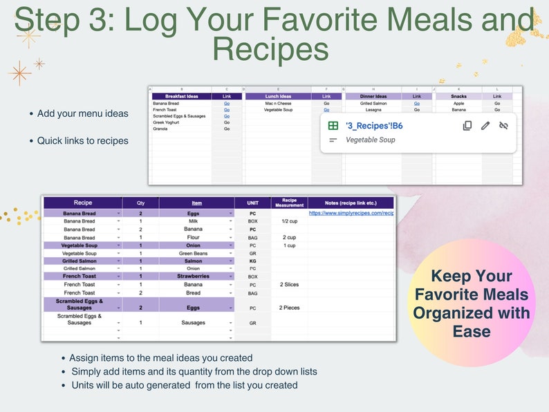 Monthly Meal Planner Spreadsheet Google Sheets, Automatic Shopping List ...