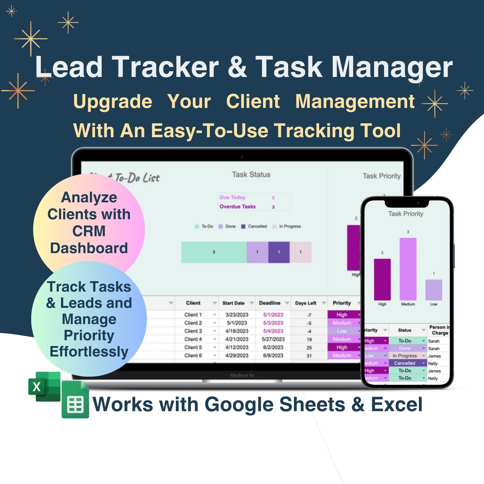 Lead Tracker Template Excel and Google Sheets, CRM and Client Tracker Dashboard, Small Business ...