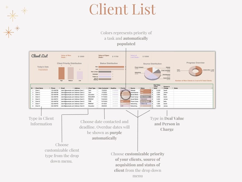 Client Tracker Google Sheets Template, Task Manager, to Do Calendar ...