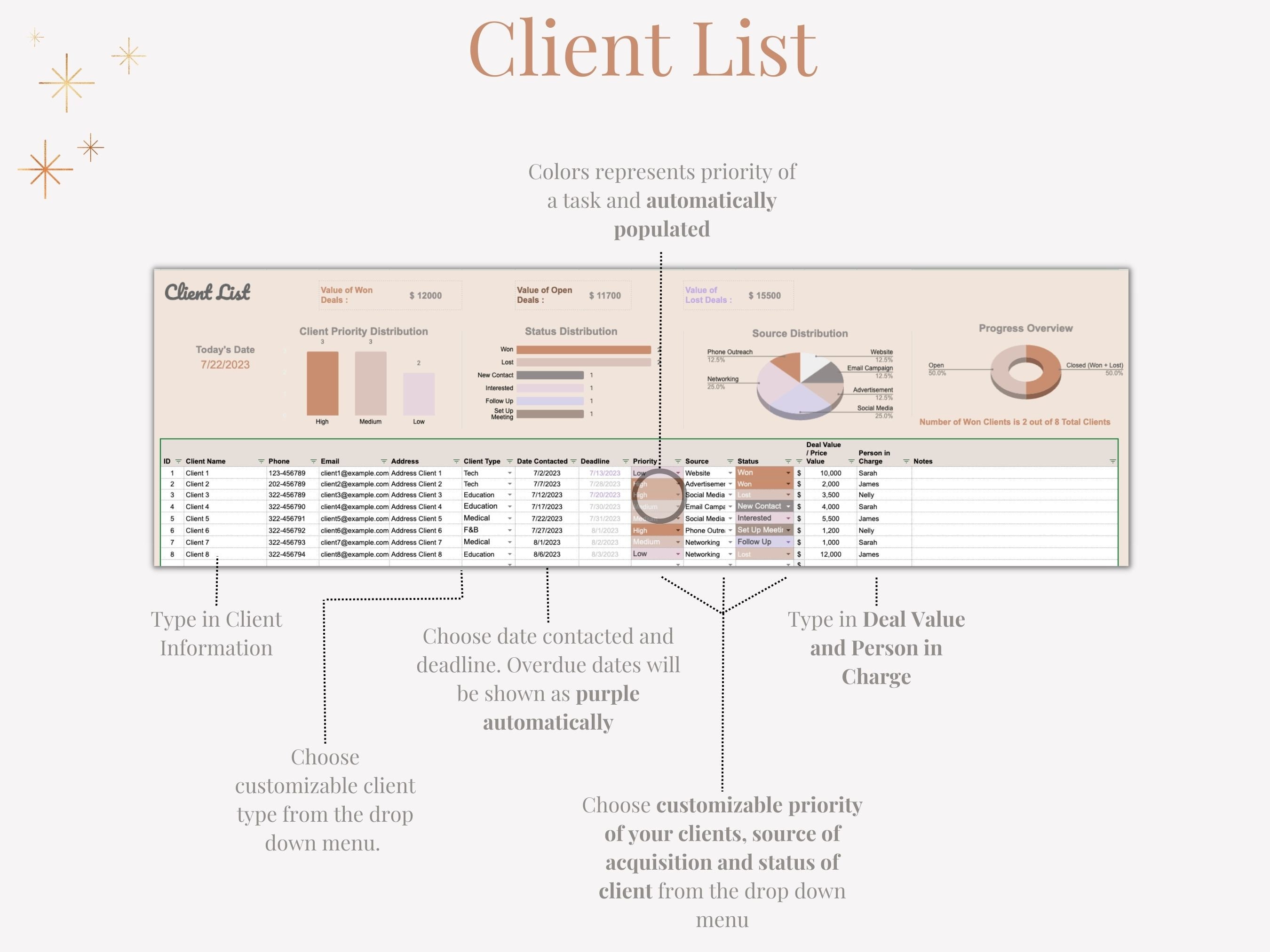 Client Tracker Google Sheets Template, Task Manager, to Do Calendar ...