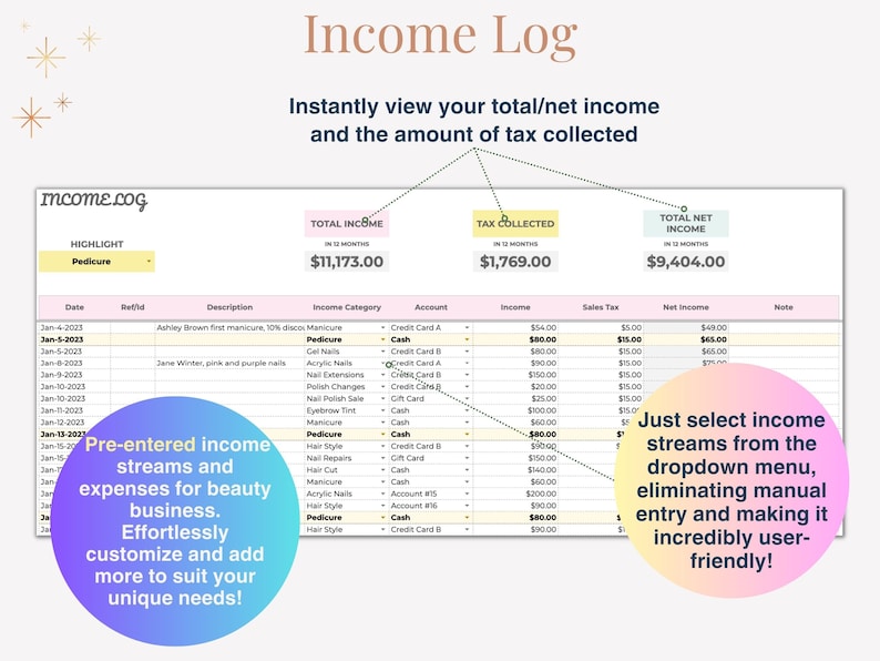 Beauty Salon Bookkeeping Spreadsheet Google Sheets Template Simple ...