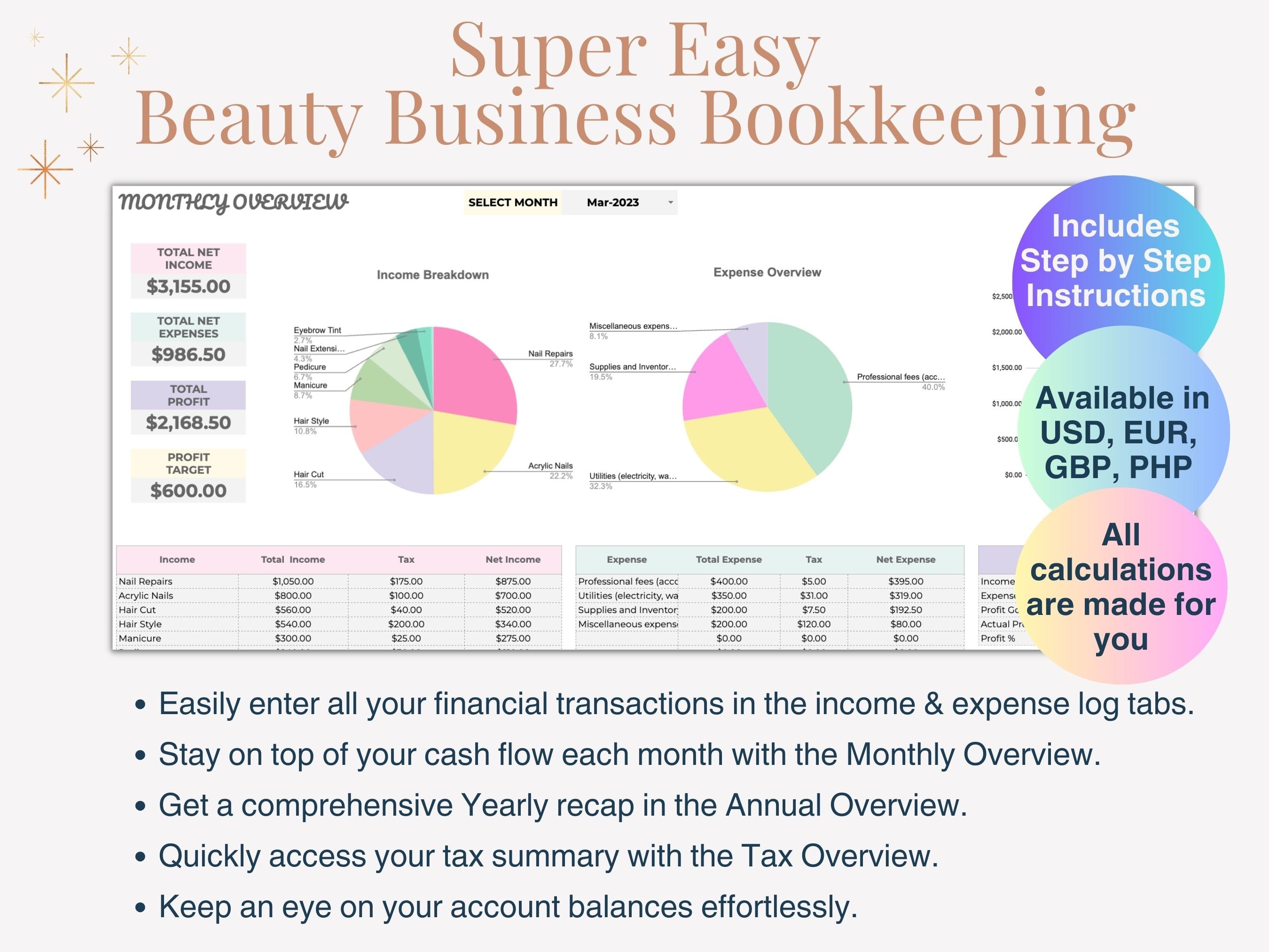 Beauty Salon Bookkeeping Spreadsheet Google Sheets Template Simple ...
