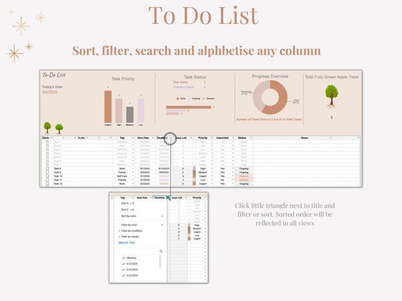 To Do List Template Google Sheets, Daily Task Manager, Monthly Calendar ...