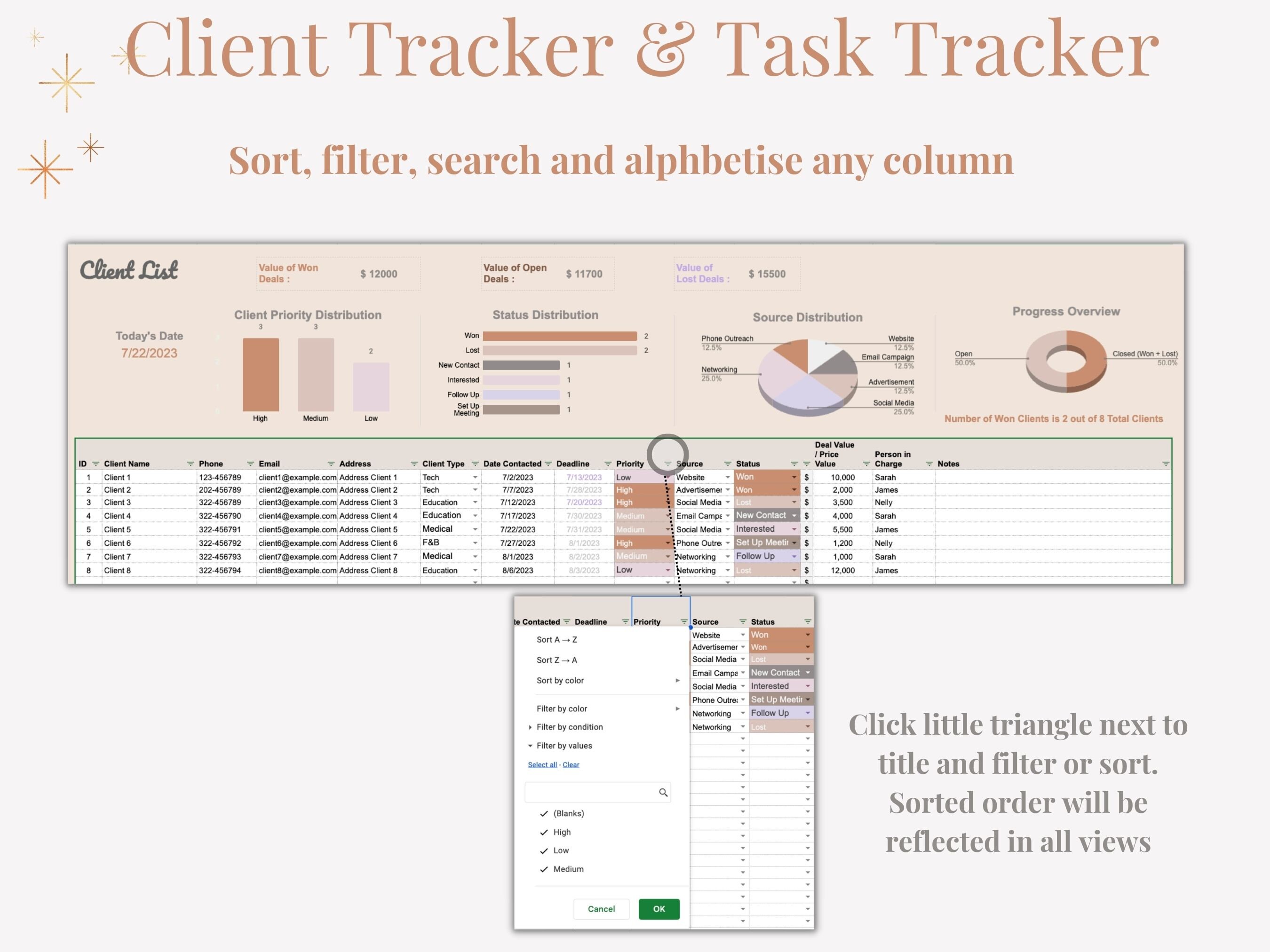 Client Tracker Google Sheets Template, Task Manager, to Do Calendar ...