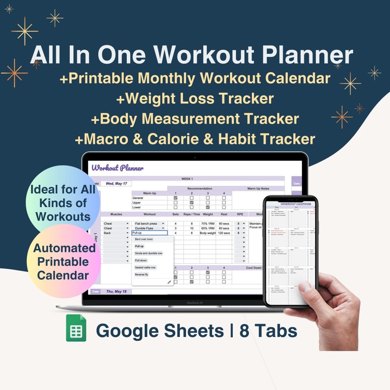 Workout Planner Spreadsheet Google Sheets Template, Printable Fitness ...