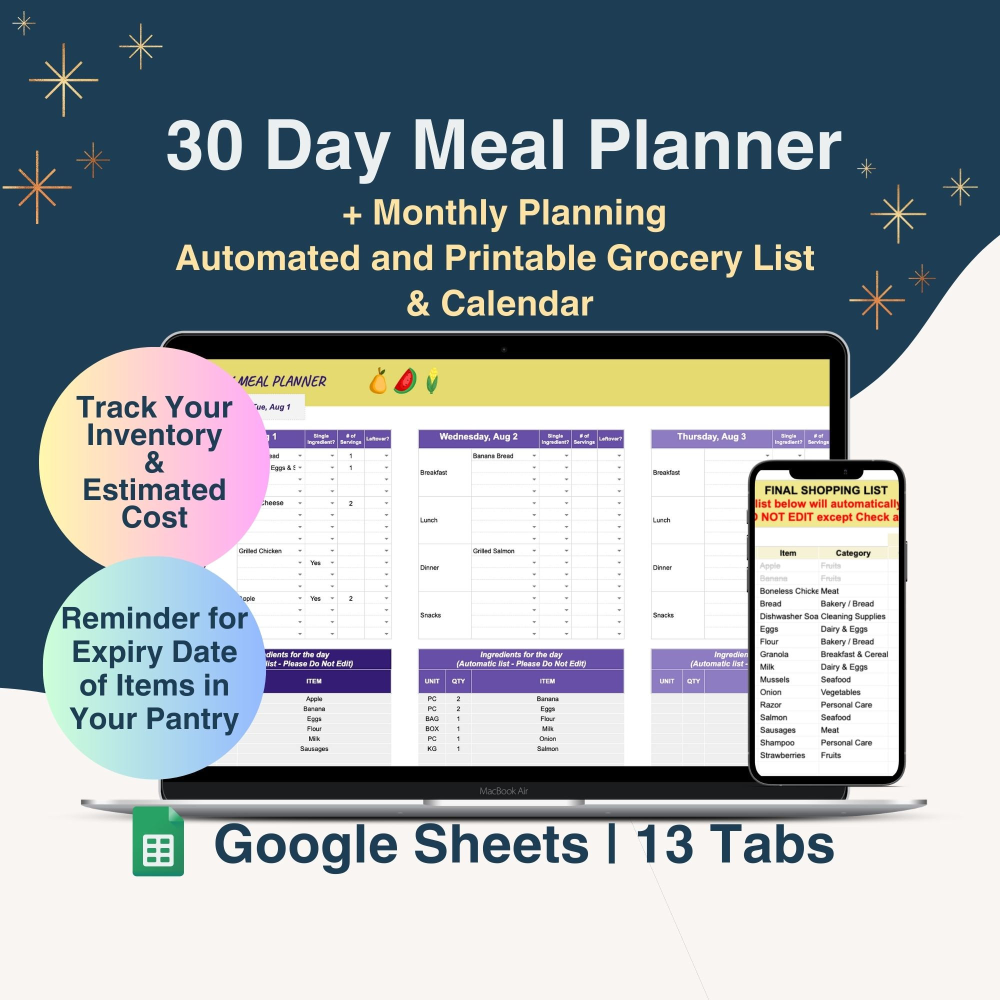 Monthly Menu Planner Template Google Sheets Docs Shopping List, Recipe ...