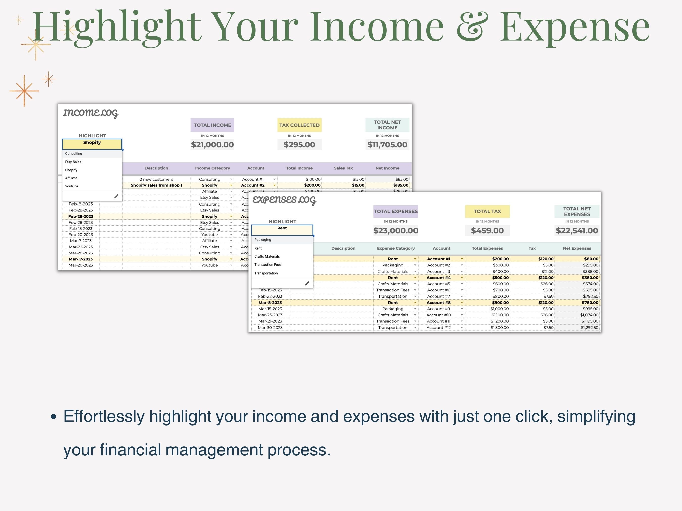 Easy Bookkeeping Spreadsheet Template, Digital Income Expense Tracker ...