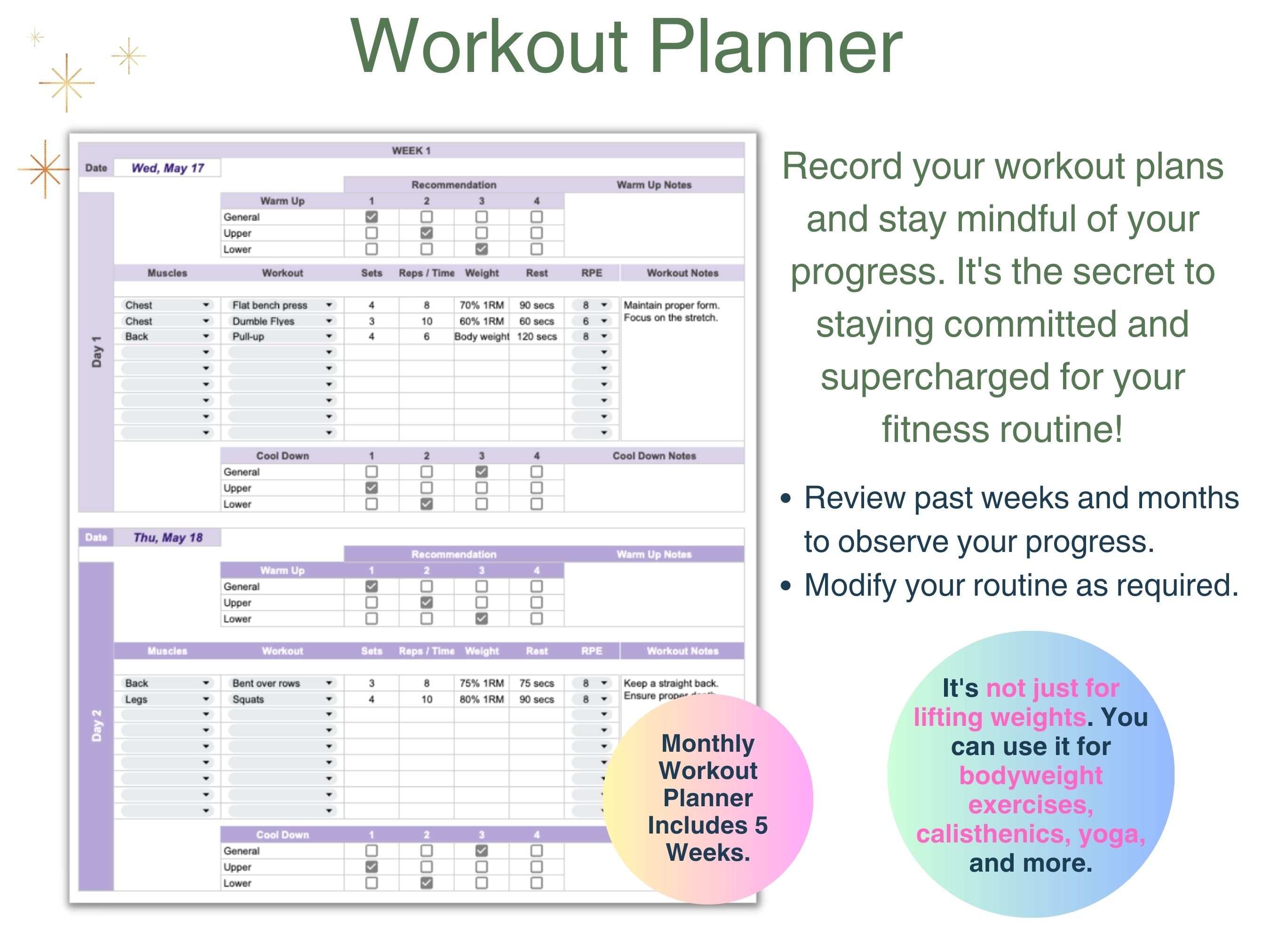 Workout Planner Spreadsheet Google Sheets Template, Printable Fitness ...