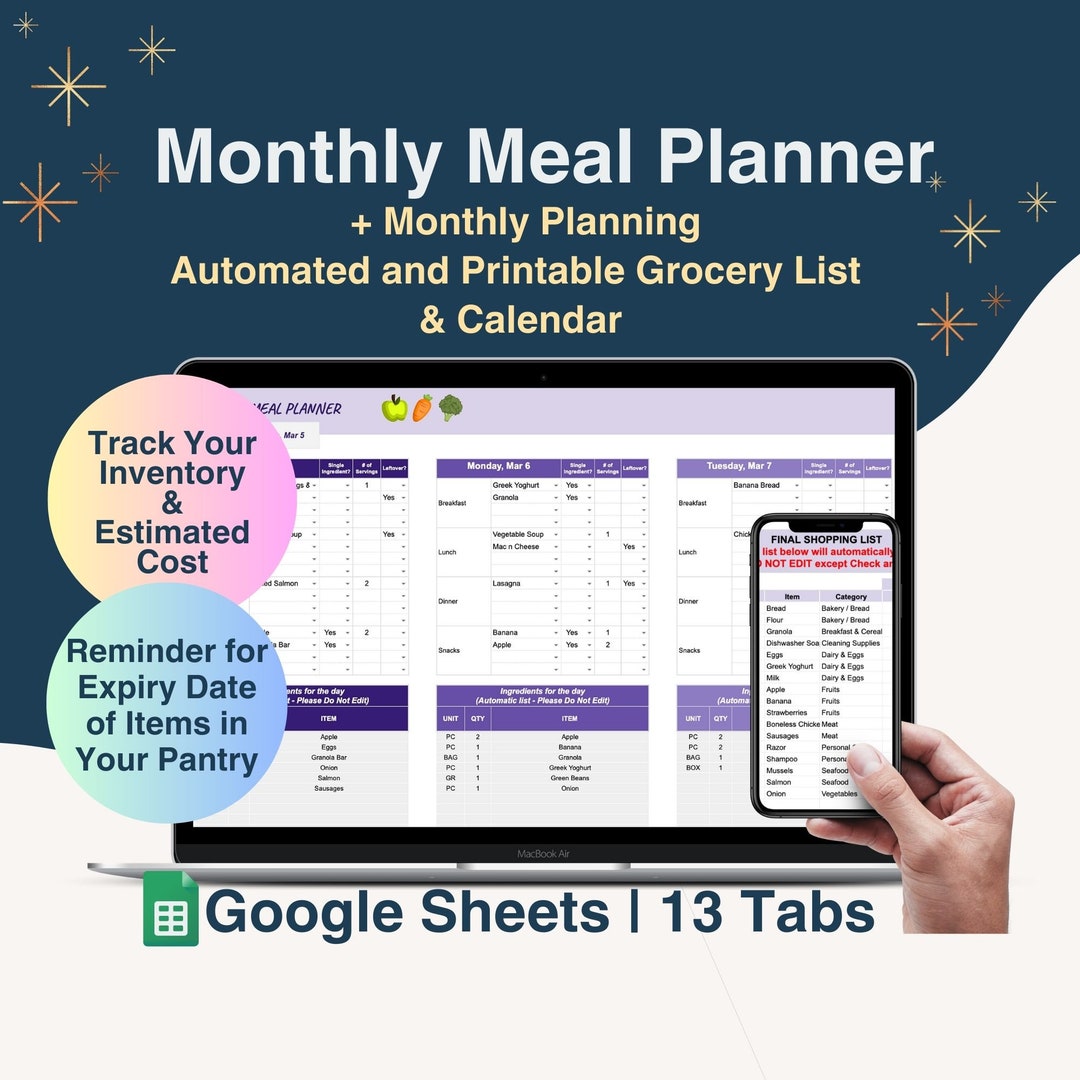 Monthly Meal Planner Spreadsheet Google Sheets, Automatic Shopping List ...