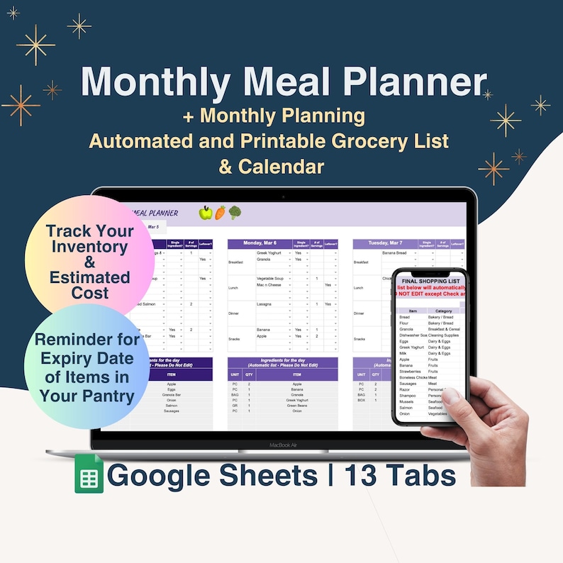 Monthly Meal Planner Spreadsheet Google Sheets, Automatic Shopping List, Food Prep Log, Pantry ...