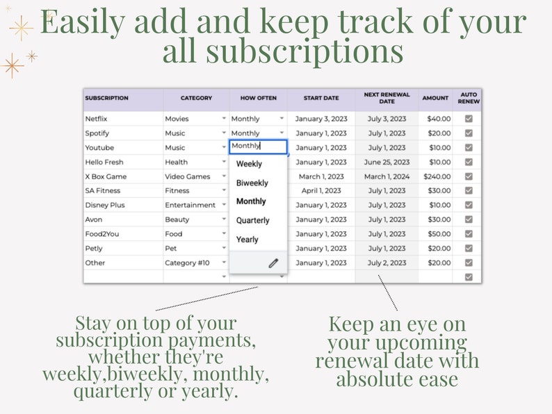 Subscription Tracker: Google Sheets Template (digital Download) - Etsy