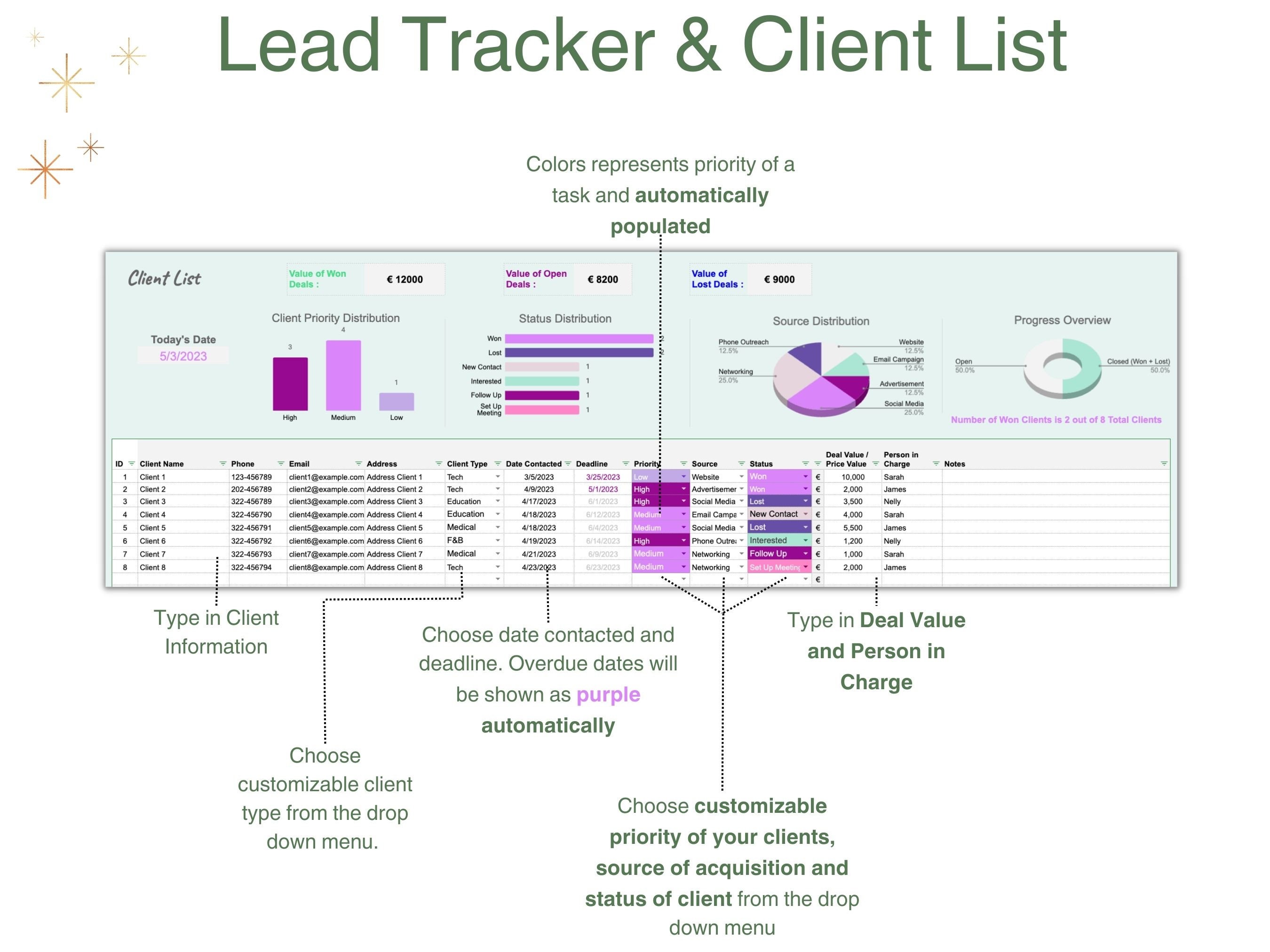 Lead Tracker Template Excel and Google Sheets, CRM and Client Tracker ...