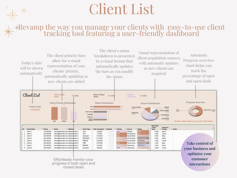 Client Tracker Google Sheets Template, Task Manager, to Do Calendar, Small Business Planner ...