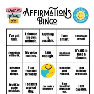 Positive Affirmations Bingo Game, 25 Bingo Cards Plus a Poster and 30 ...