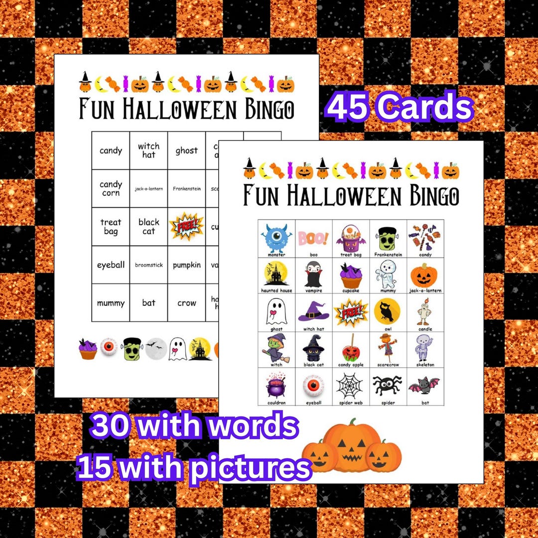 Halloween Bingo Party Game for Kids, 45 Bingo Cards (30 With Words & 15 ...