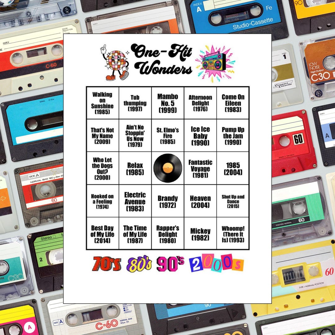 One-hit Wonders Music Bingo With Songs From the 70s, 80s, 90s, and ...