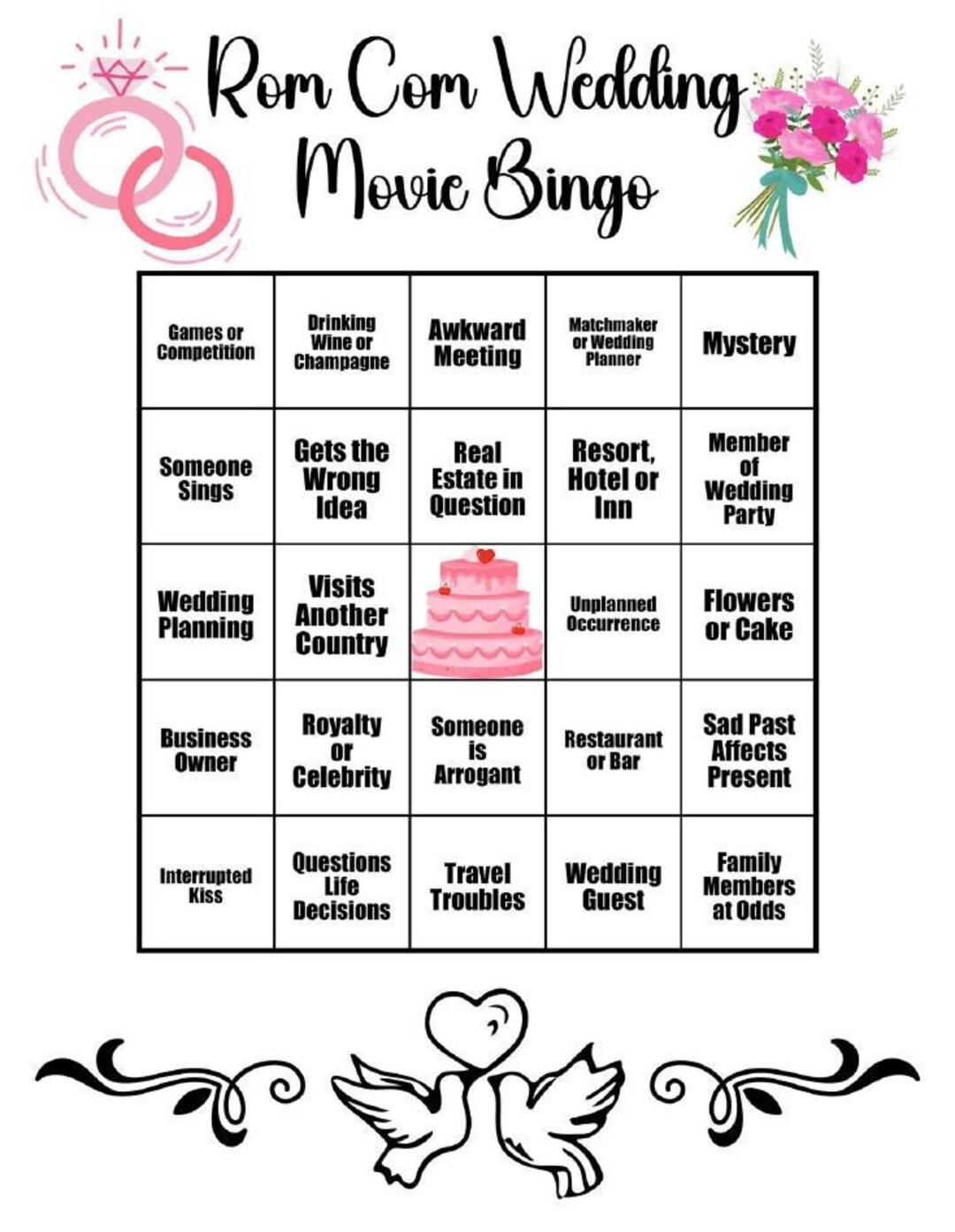 Rom Com Wedding Movie Bingo Cards, Rom Com Bingo, Hallmark Bingo, Movie ...