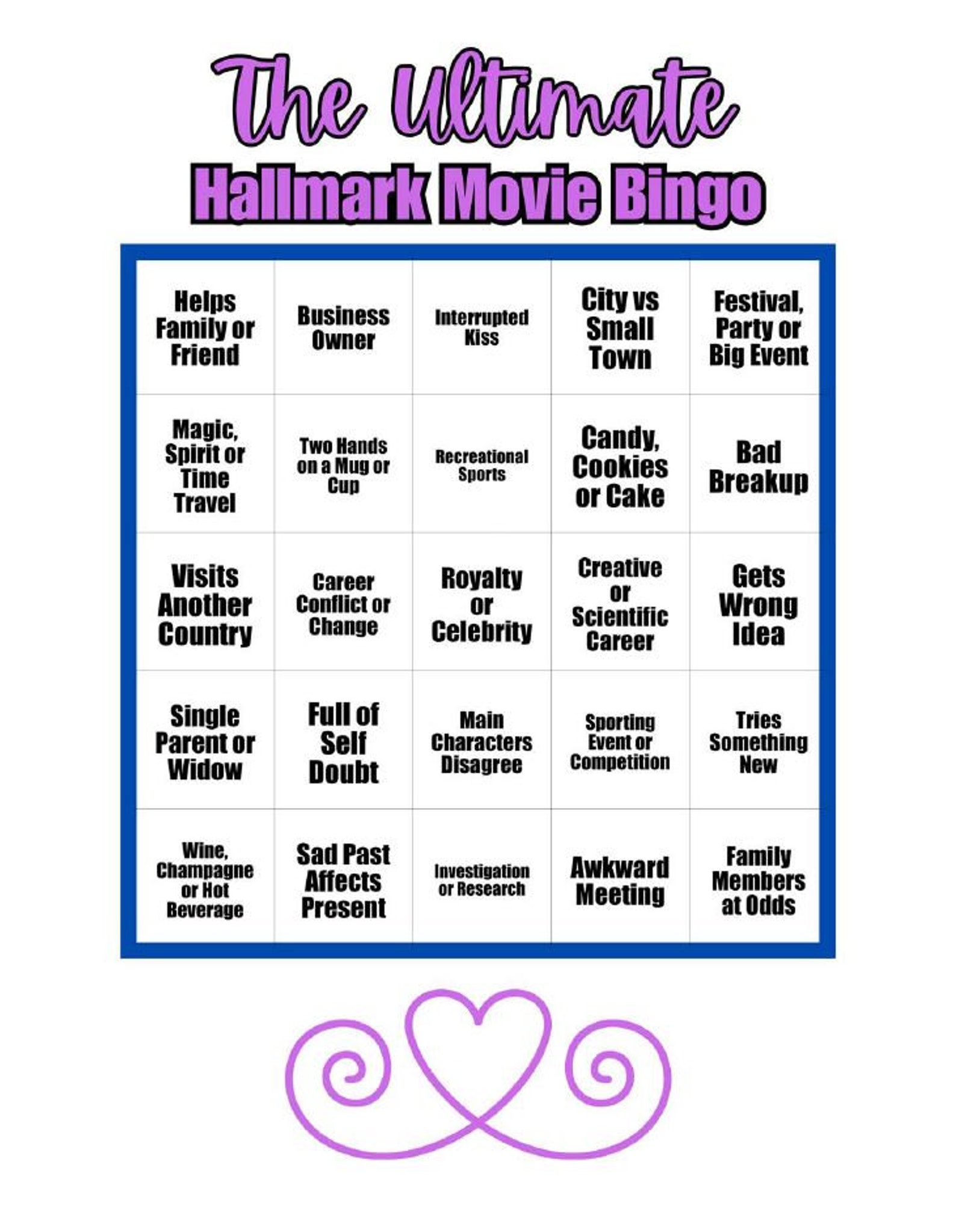 Hallmark Movie Bingo Cards, Generic Hallmark Movie Bingo, Hallmark ...