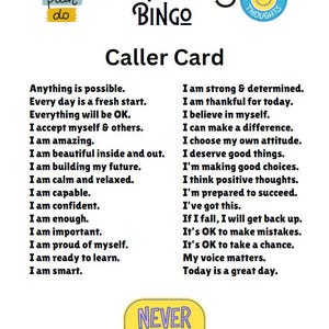 Positive Affirmations Bingo Game, 25 Bingo Cards Plus a Poster and 30 ...