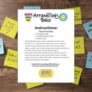 Positive Affirmations Bingo Game, 25 Bingo Cards Plus a Poster and 30 ...