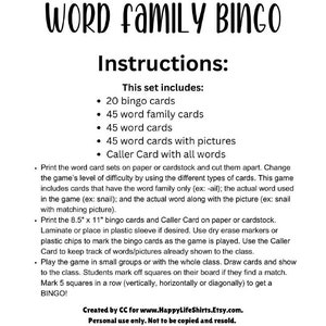 Word Family Classroom Bingo Digital Download & Printable - Etsy