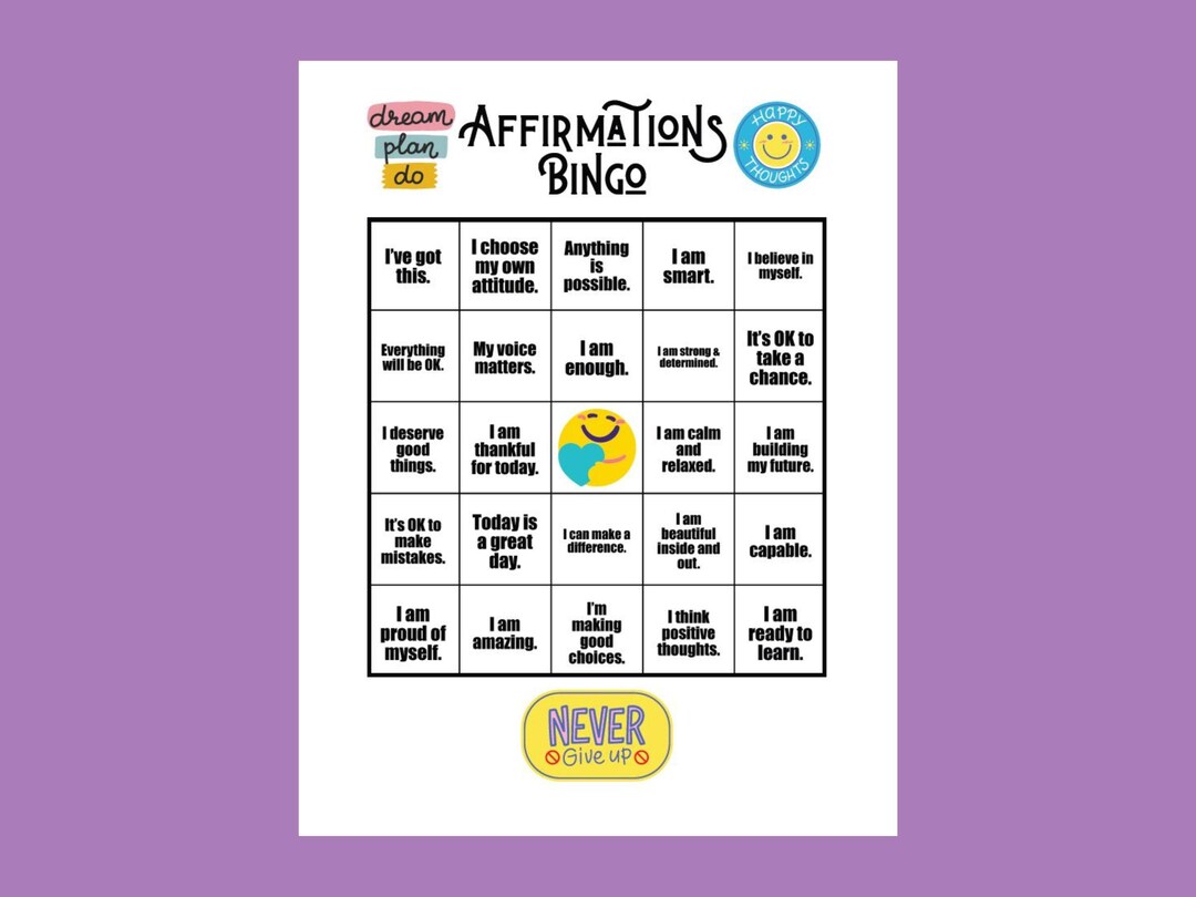 Positive Affirmations Bingo Game, 25 Bingo Cards Plus a Poster and 30 ...
