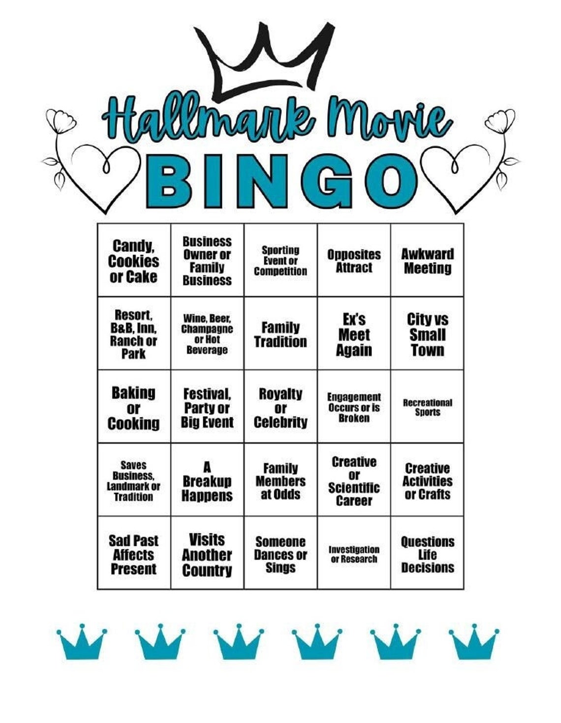 Hallmark Movie Bingo Cards, Generic Hallmark Movie Bingo, Rom Com Bingo ...