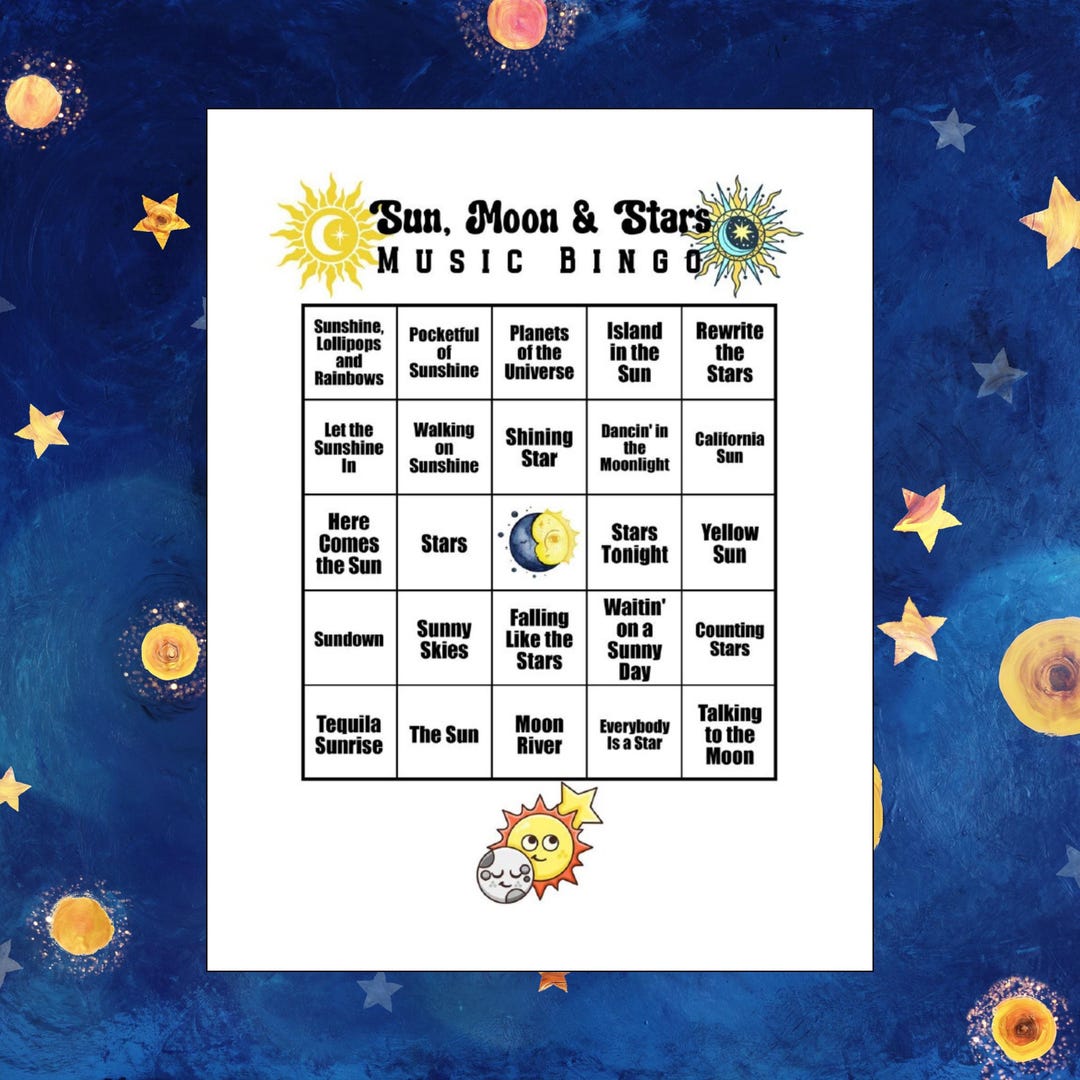 Sun, Moon & Stars Music Bingo, Spotify® Playlist, 56 Songs, 30 Game ...