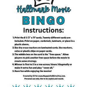 Hallmark Movie Bingo Cards, Generic Hallmark Movie Bingo, Printable ...