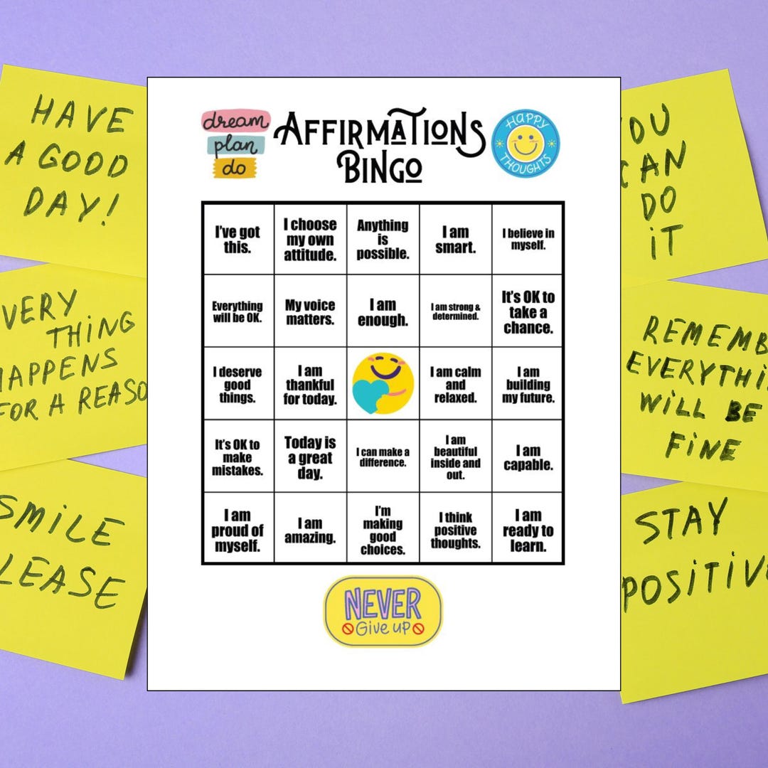 Positive Affirmations Bingo Game, 25 Bingo Cards Plus a Poster and 30 ...