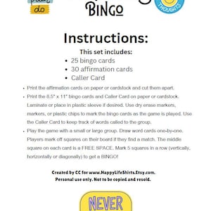 Positive Affirmations Bingo Game, 25 Bingo Cards Plus a Poster and 30 ...