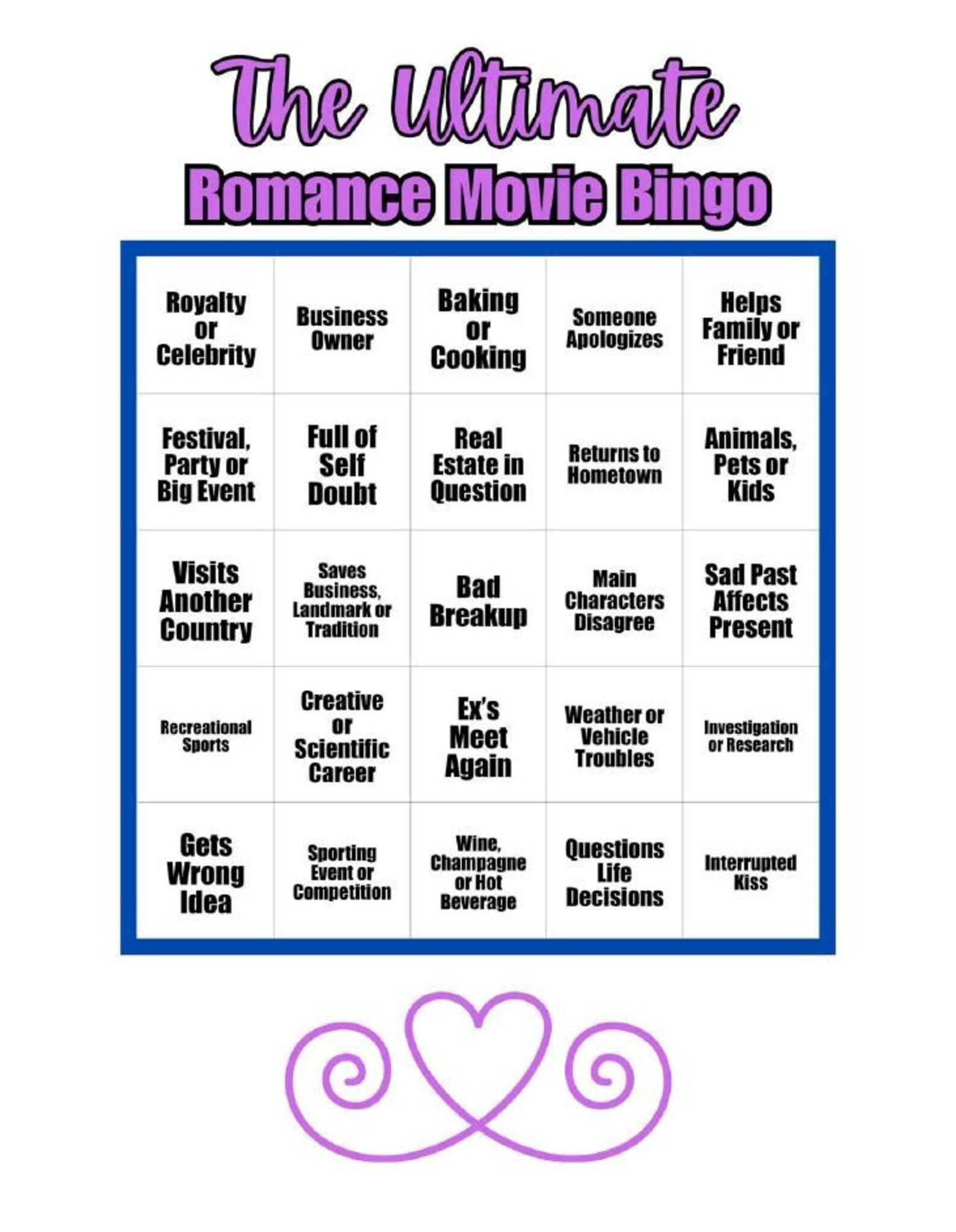 Romance Movie Bingo Cards, Rom Com Bingo Cards, Generic Rom Com Bingo ...