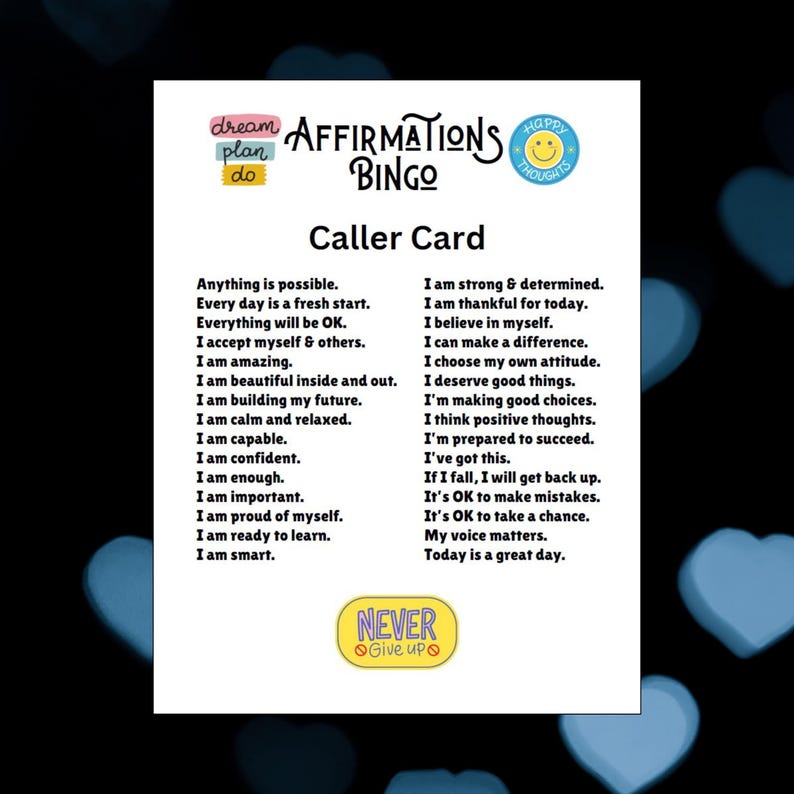 Positive Affirmations Bingo Game, 25 Cards, Poster (PDF Download) - Etsy
